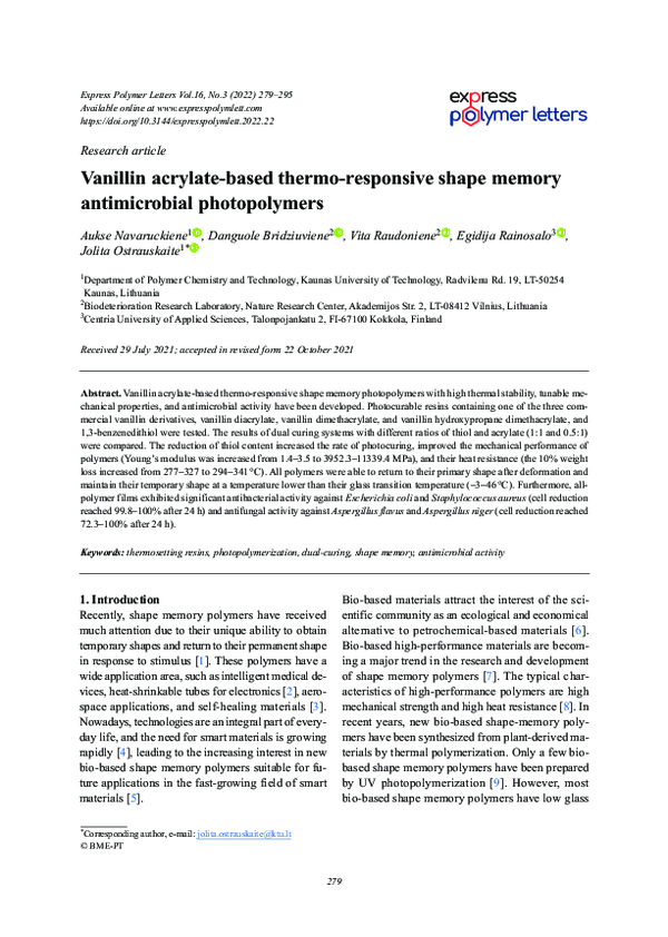 (PDF) Vanillin acrylate-based thermo-responsive shape memory antimicrobial photopolymers