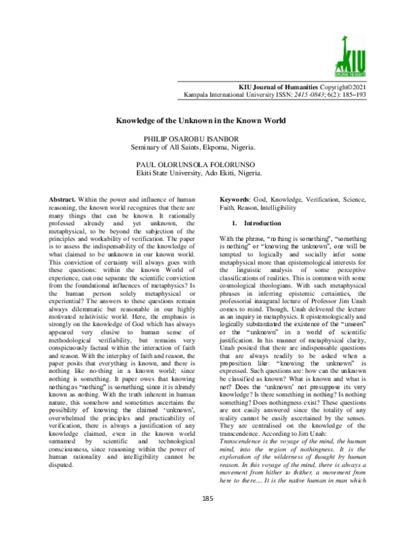 (PDF) Knowledge of the Unknown in the Known World
