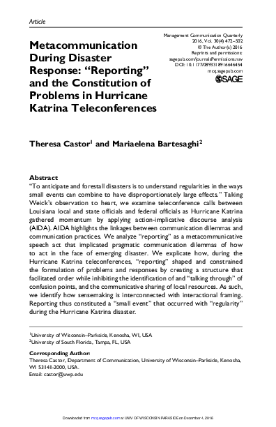 (PDF) Metacommunication During Disaster Response | Theresa Castor ...