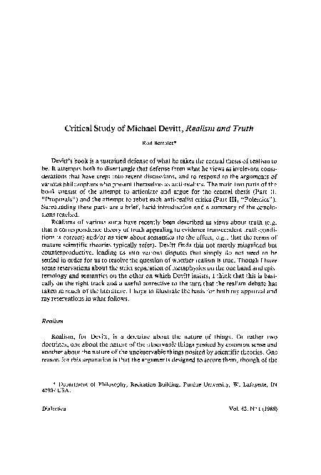 (PDF) Critical Study of Michael Devitt, Realism and Truth