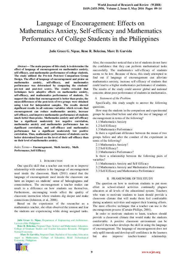 (PDF) Language of Encouragement: Effects on Mathematics Anxiety, Self ...