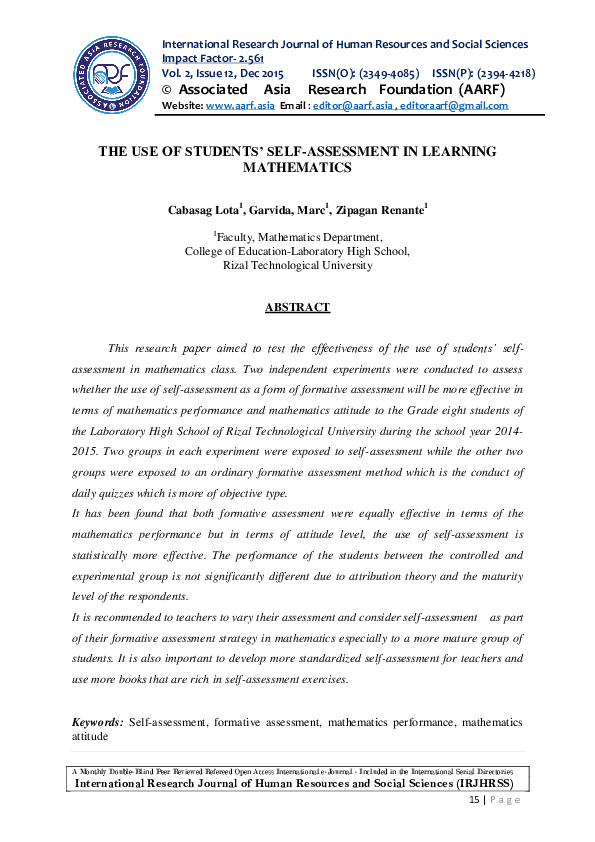 (PDF) The Use of Students' Self-Assessment in Learning Mathematics