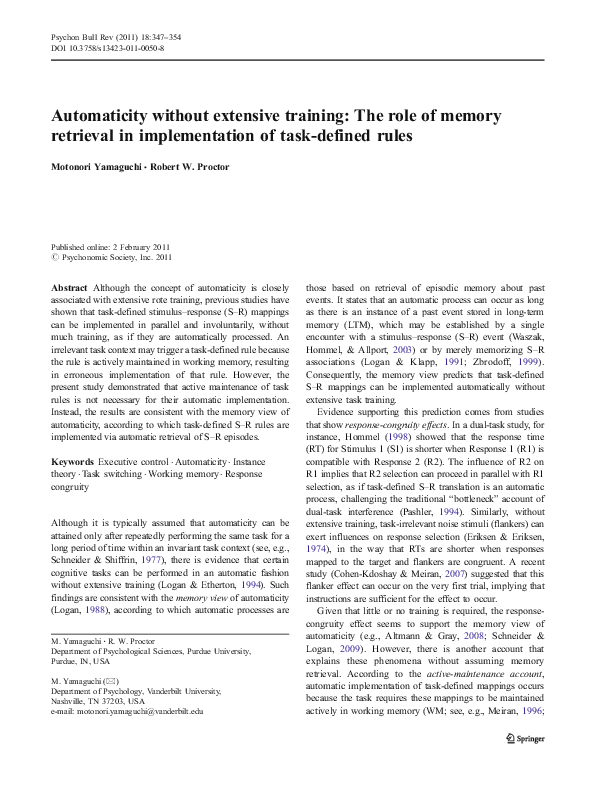 (PDF) Automaticity without extensive training: The role of memory retrieval in implementation of ...