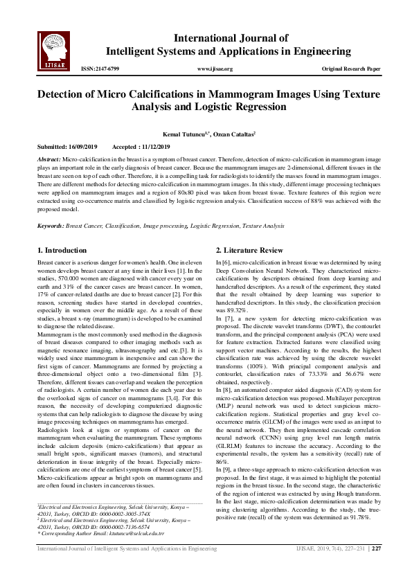 Pdf Detection Of Micro Calcifications In Mammogram Images Using