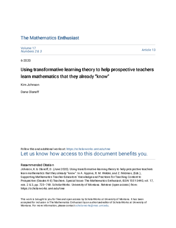 (PDF) Using transformative learning theory to help prospective teachers ...