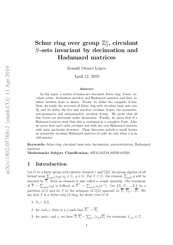 (PDF) Schur Ring over Group _2^n, Circulant S-Sets Invariant by Decimation and Hadamard Matrices ...