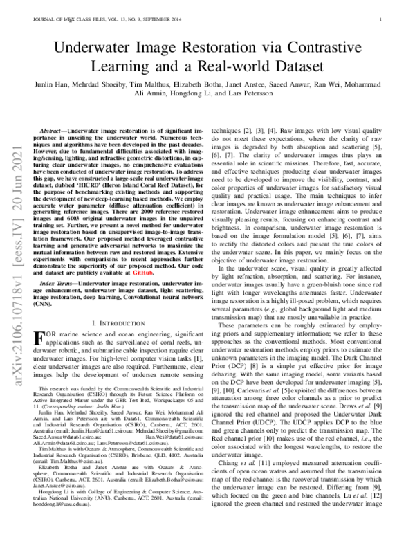 (PDF) Underwater Image Restoration via Contrastive Learning and a Real-world Dataset