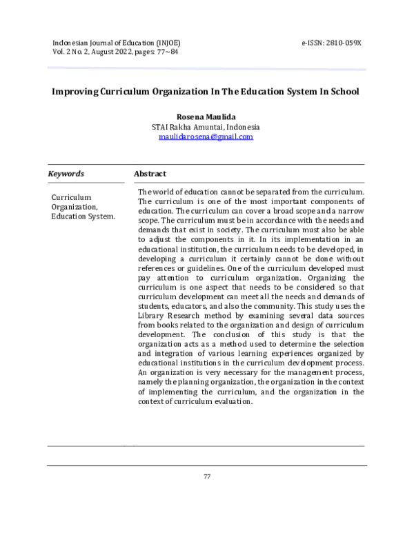 (PDF) Improving Curriculum Organization In The Education System In School