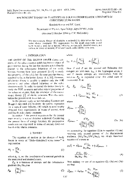 (PDF) Macroscopic theory of elasticity of fourth order elastic constants of cubic structure solids