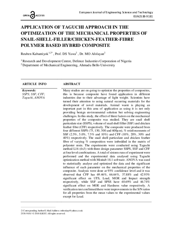 (PDF) Application of Taguchi Approach in the Optimization of the Mechanical Properties of Snail ...