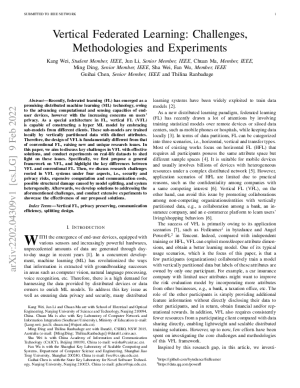 (PDF) Vertical Federated Learning: Challenges, Methodologies and Experiments