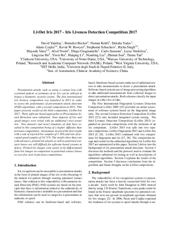 (PDF) LivDet iris 2017 — Iris liveness detection competition 2017