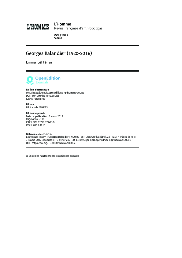 (PDF) Georges Balandier (1920-2016)