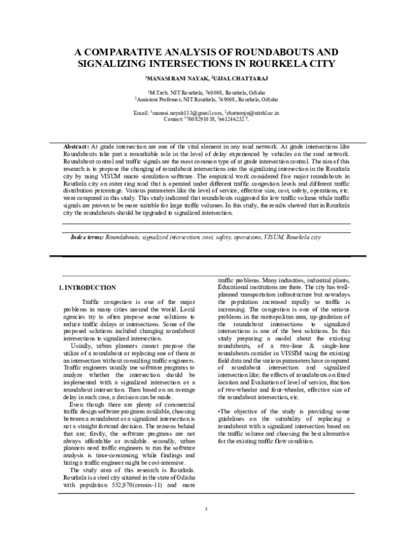 (PDF) A Comparative Analysis of Roundabouts and Signalizing Intersections in Rourkela City