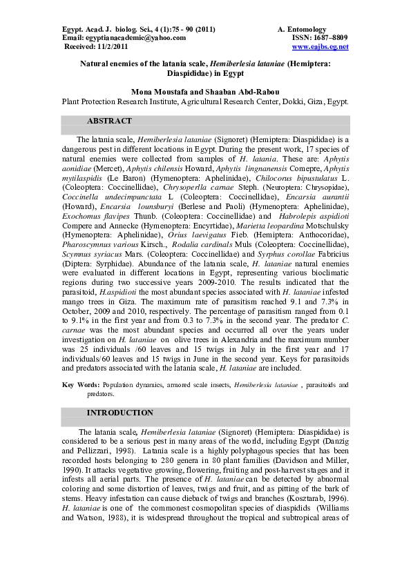 (PDF) Natural enemies of the latania scale, Hemiberlesia lataniae ...