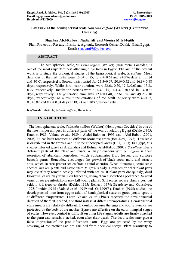 (PDF) Life table of the hemispherical scale, Saissetia coffeae (Walker ...