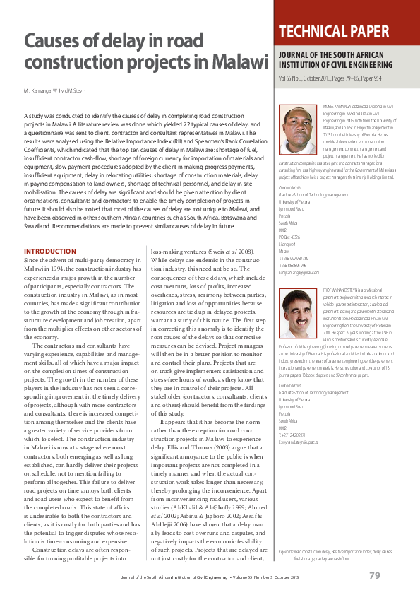 (PDF) Causes of delay in road construction projects in Malawi : technical paper