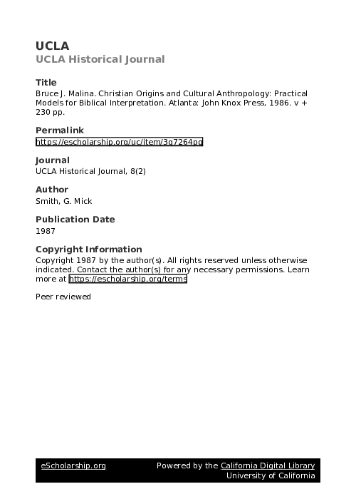 (PDF) Bruce J. Malina. Christian Origins and Cultural Anthropology ...