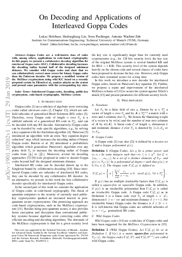 Pdf On Decoding And Applications Of Interleaved Goppa Codes Hedongliang Liu