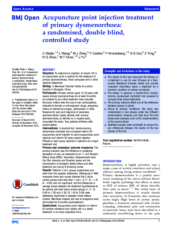 (PDF) Acupuncture point injection treatment of primary dysmenorrhoea: a ...