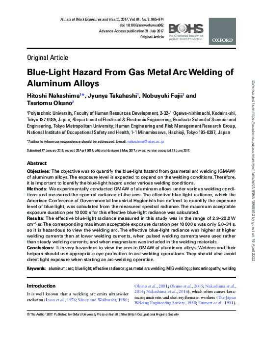 (PDF) Blue-Light Hazard From Gas Metal Arc Welding of Aluminum Alloys