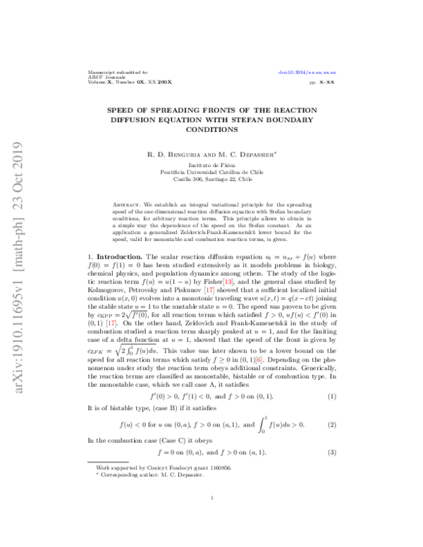 (PDF) Speed of spreading fronts of the reaction diffusion equation with ...