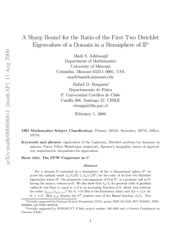 Pdf A Sharp Bound For The Ratio Of The First Two Dirichlet Eigenvalues Of A Domain In A