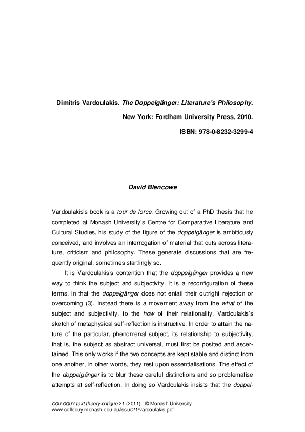 (PDF) Dimitris Vardoulakis. The Doppelgänger: Literature's Philosophy ...