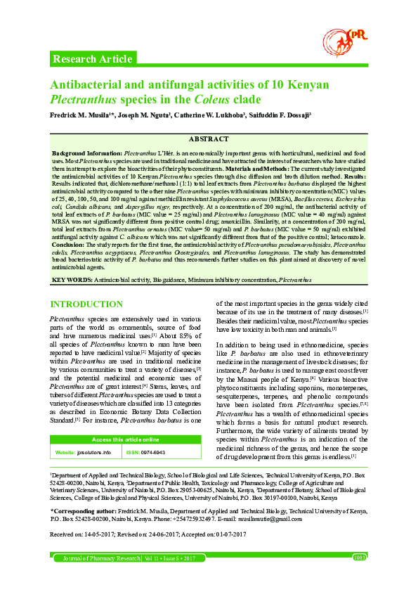 (PDF) Antibacterial and antifungal activities of 10 Kenyan Plectranthus ...