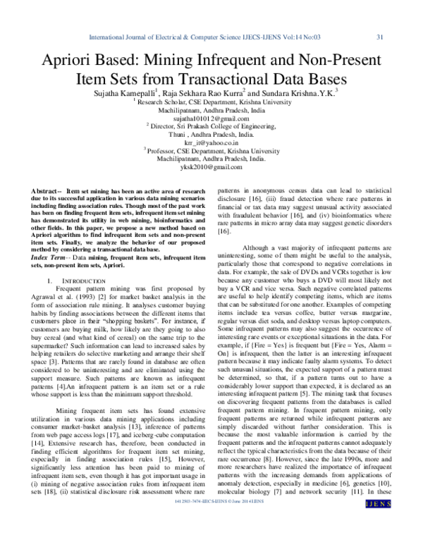 (PDF) Apriori Based : Mining Infrequent and Non-Present Item Sets from Transactional Data Bases