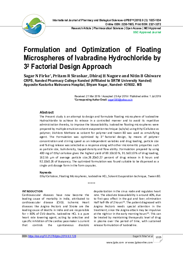 Pdf Formulation And Optimization Of Floating Microspheres Of Ivabradine Hydrochloride By 32