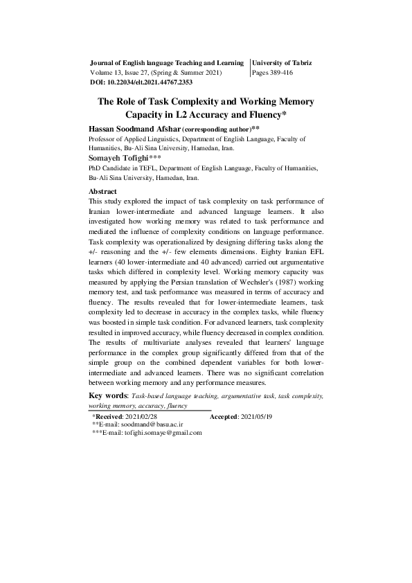 Pdf The Role Of Task Complexity And Working Memory Capacity In L2