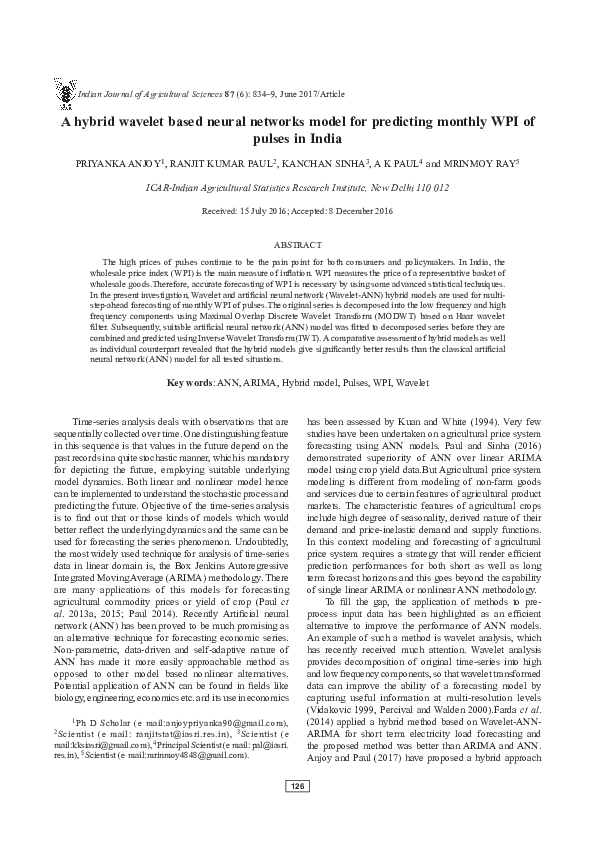 Pdf A Hybrid Wavelet Based Neural Networks Model For Predicting Monthly Wpi Of Pulses In India