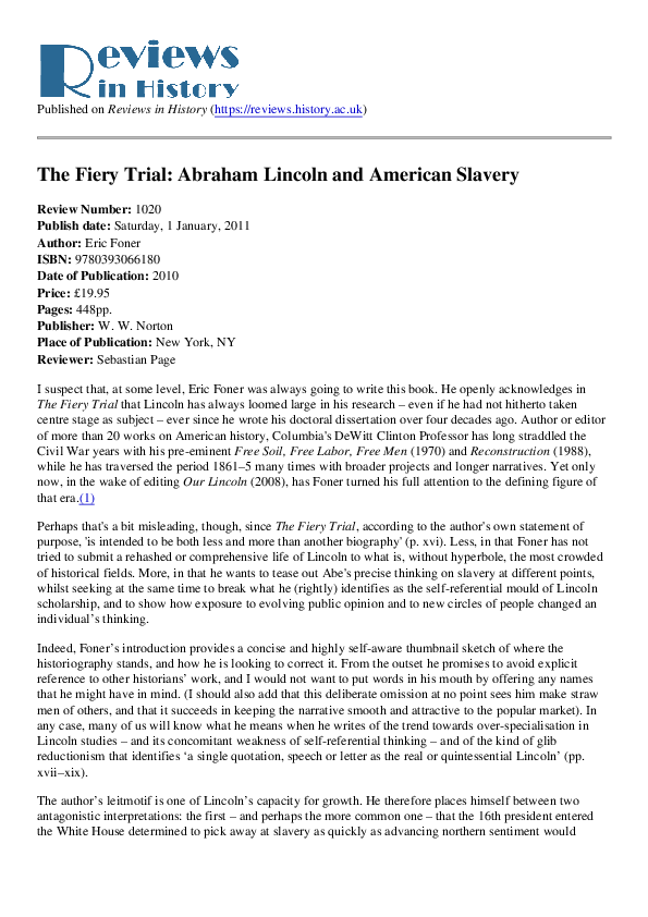 (PDF) The Fiery Trial: Abraham Lincoln and American Slavery