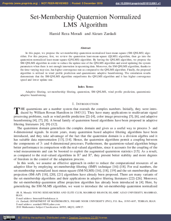 Pdf Set Membership Quaternion Normalized Lms Algorithm