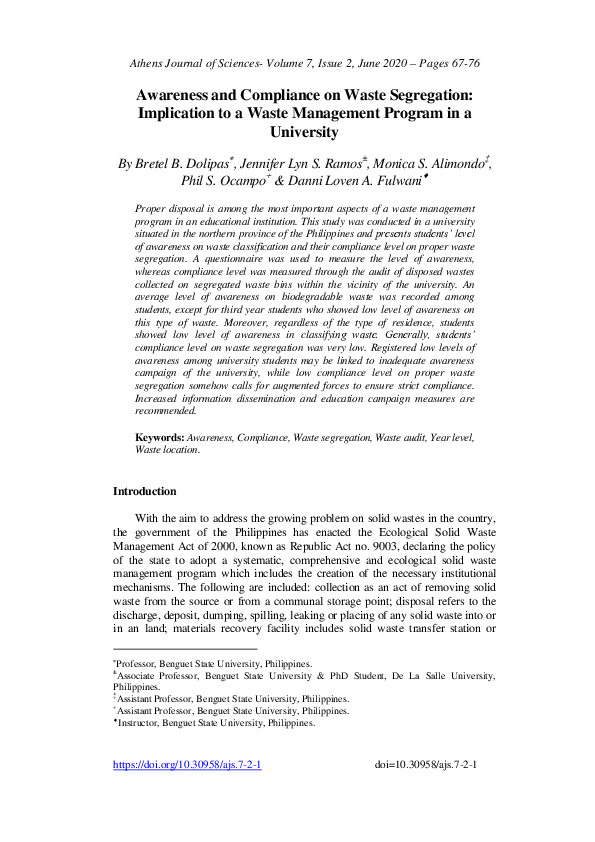 (PDF) Awareness and Compliance on Waste Segregation: Implication to a ...