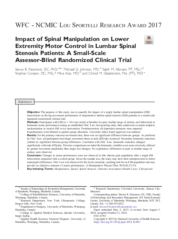 (PDF) Impact of Spinal Manipulation on Lower Extremity Motor Control in ...