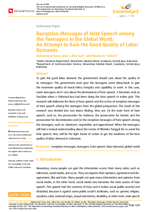 (PDF) Reception Messages of Hate Speech among the Teenagers in the ...