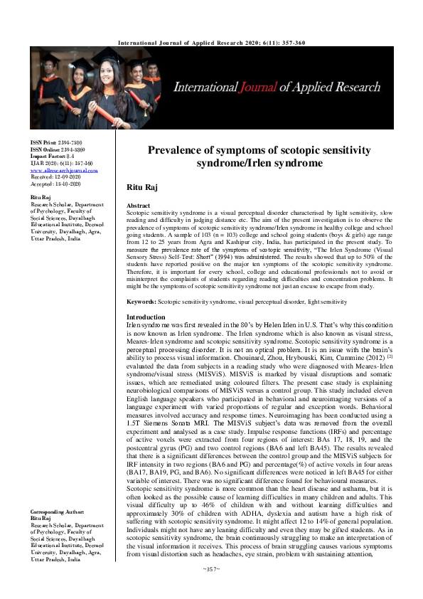 (PDF) Prevalence of symptoms of scotopic sensitivity syndrome/Irlen ...