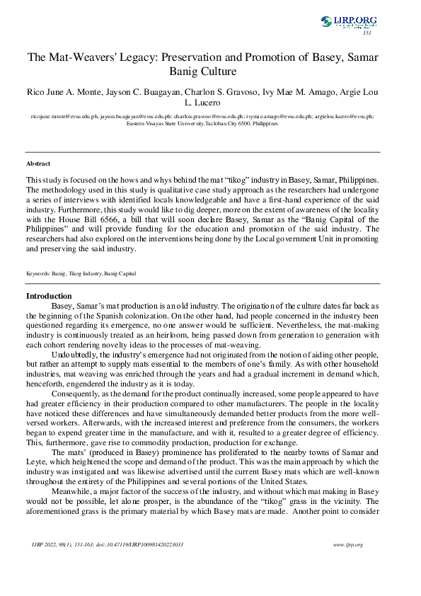 (PDF) The Mat-Weavers' Legacy: Preservation and Promotion of Basey ...