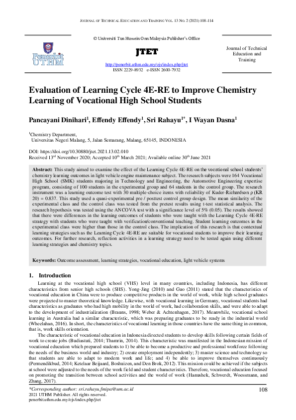 (PDF) Evaluation of Learning Cycle 4E-RE to Improve Chemistry Learning ...