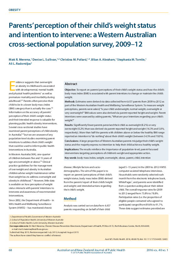 (PDF) Parents' perception of their child's weight status and intention ...