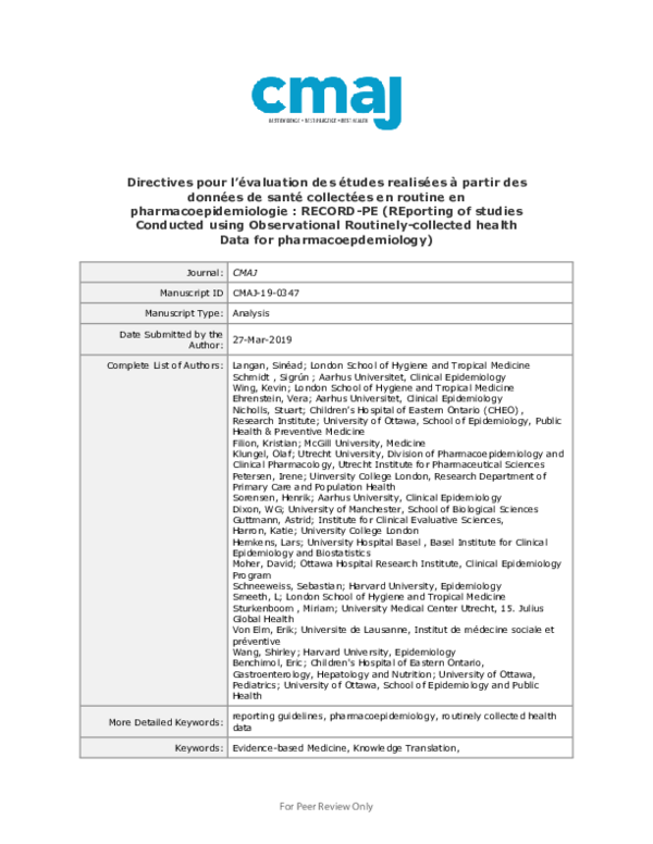 (PDF) La déclaration RECORD-PE (Reporting of Studies Conducted Using ...