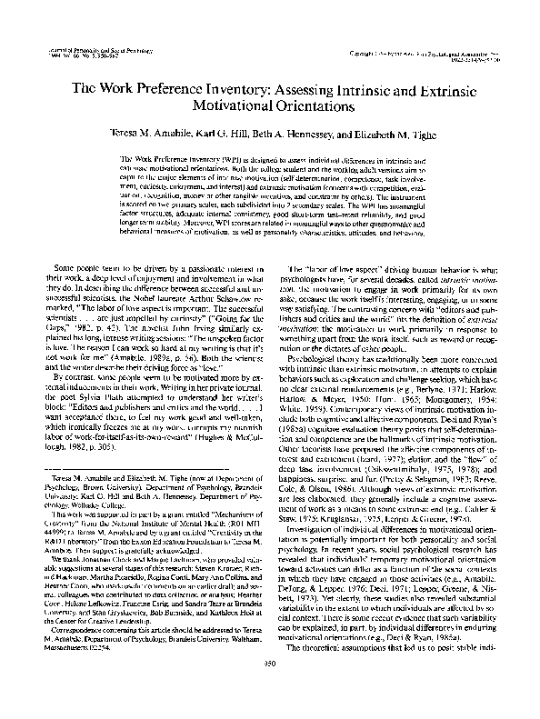 Pdf The Work Preference Inventory Assessing Intrinsic And Extrinsic