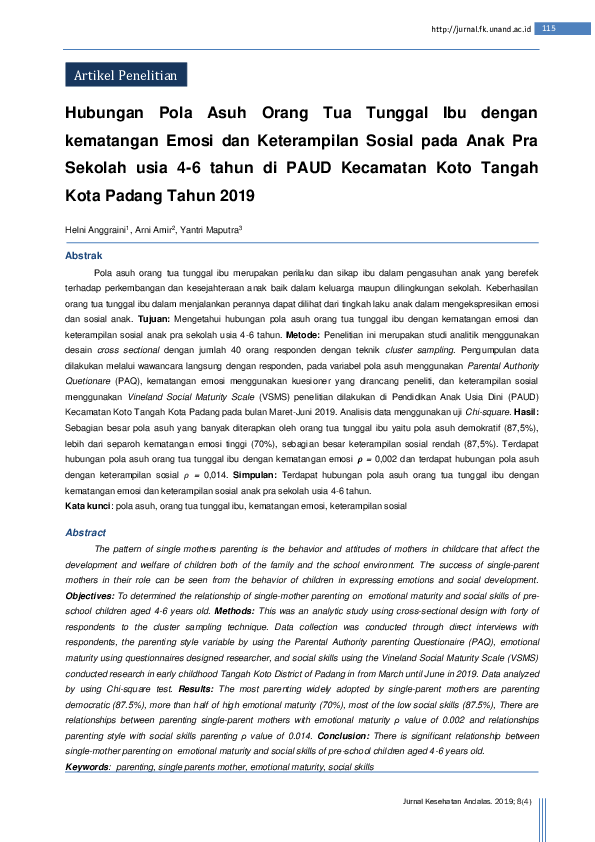 (PDF) Hubungan Pola Asuh Orang Tua Tunggal Ibu dengan kematangan Emosi dan Keterampilan Sosial ...