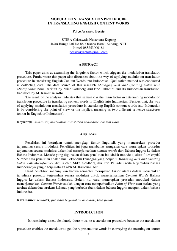 (PDF) Modulation Translation Procedure in Translating English Content Words