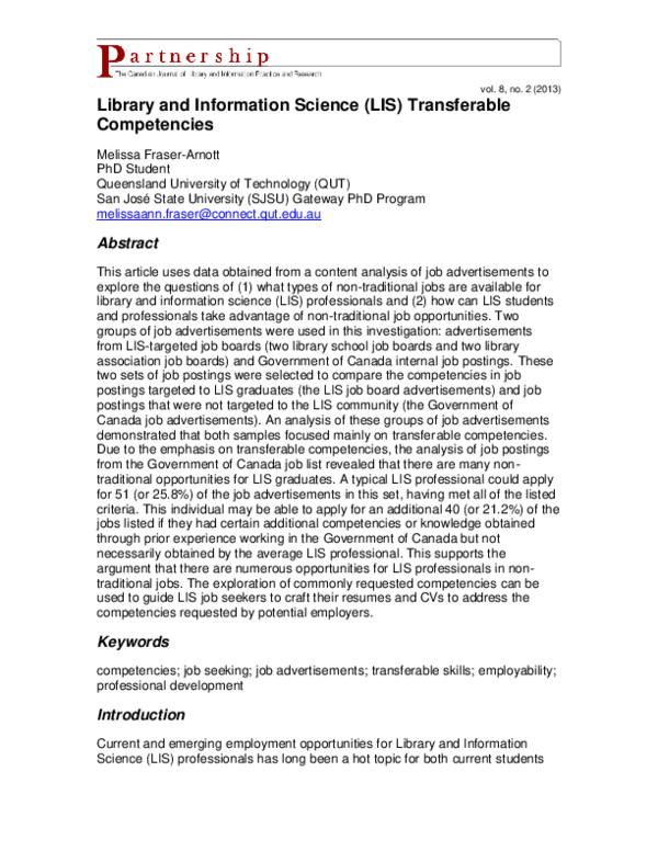 (PDF) Library and Information Science (LIS) Transferable Competencies