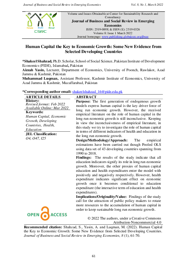 (PDF) Human Capital the Key to Economic Growth: Some New Evidence from ...