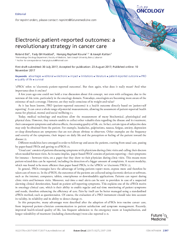 (PDF) Electronic patient-reported outcomes: a revolutionary strategy in ...