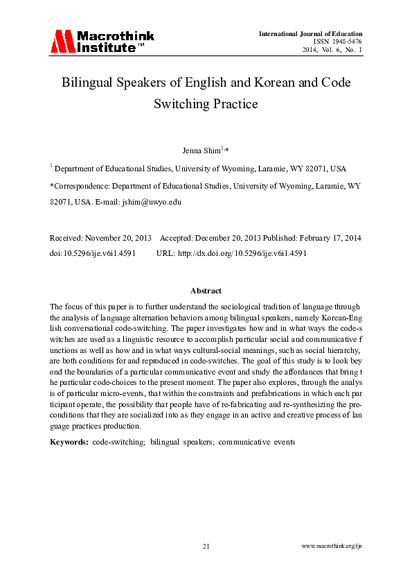 (PDF) Bilingual Speakers of English and Korean and Code Switching Practice